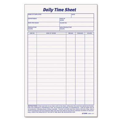 Tops™ Daily Time and Job Sheets, One-Part (No Copies), 8.5 x 5.5, 200