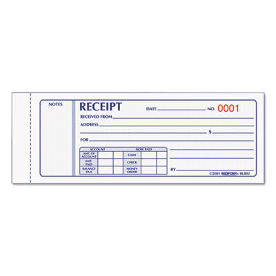 Rediform® Receipt Book, Three-Part Carbonless, 7 x 2.75, 4 Forms/Sheet